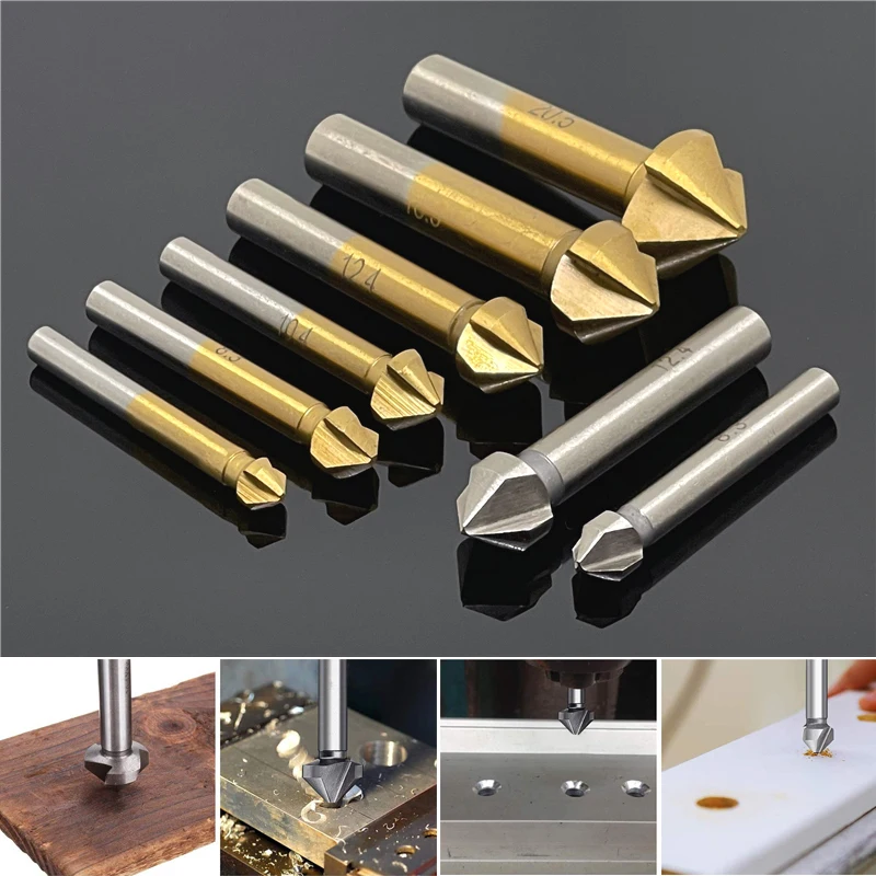 3-Flute-Countersink-Drill-Bit-Set-HSS-Titanium-90-Degree-Chamfer-Cutter ...