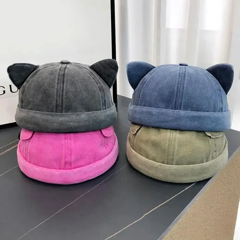 Cute Cat Ears Brimless Hat Casual Personality Melon Skin Beanie Hat ...