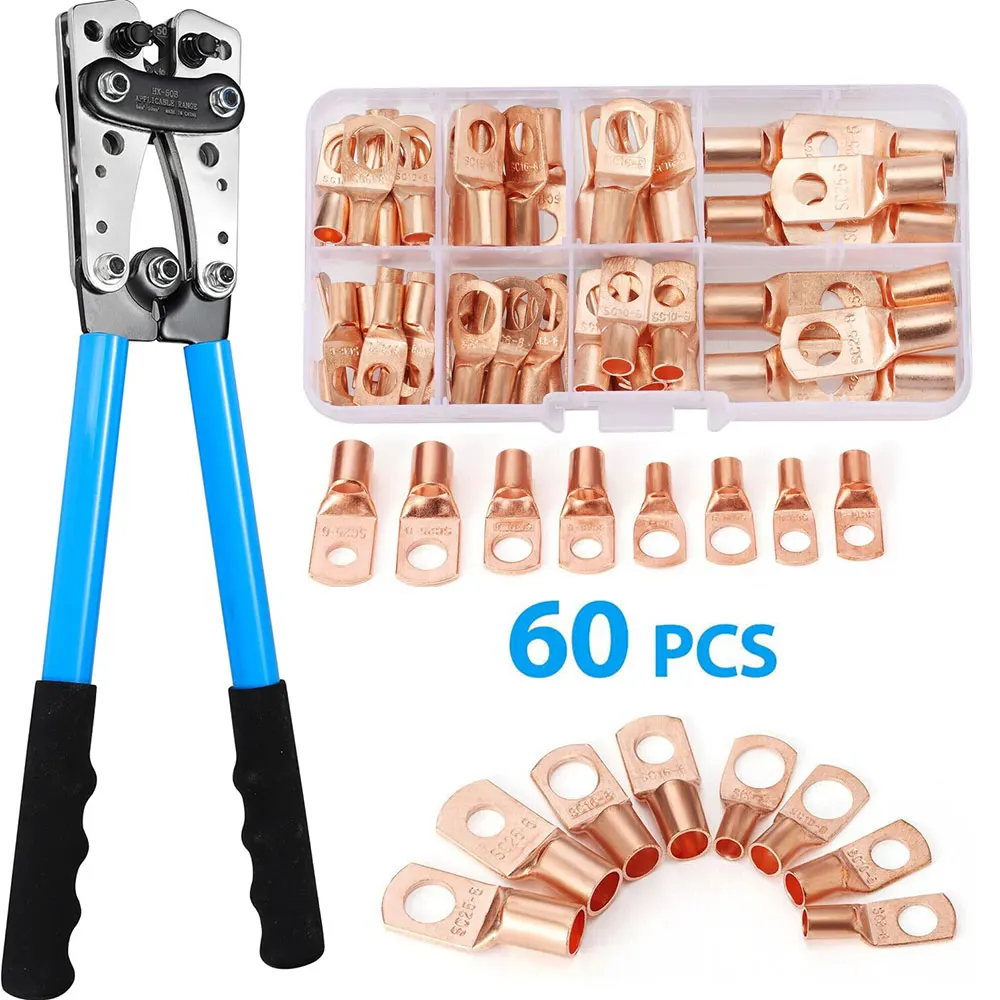 Battery Cable Lug Crimping Tool 10-1 AWG with 60Pcs Copper Ring Terminals 8 Sizes Cable Lugs Set ...