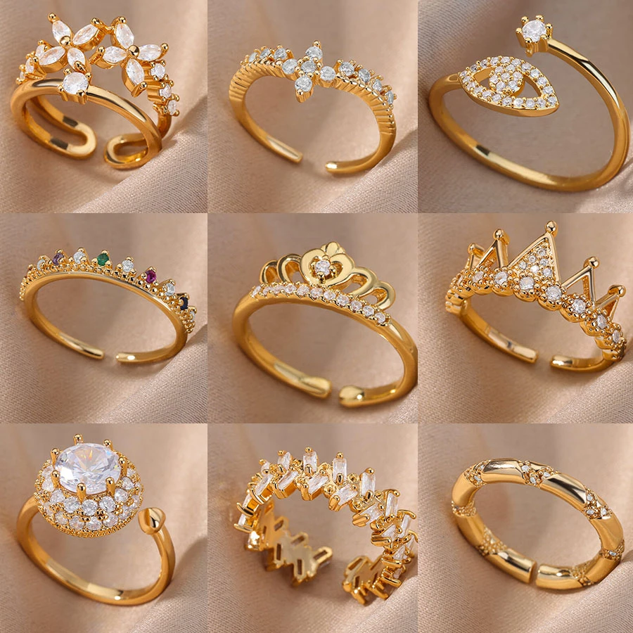 Anelli geometrici Vintage elegante zircone aperto Princess Crown Cross ...