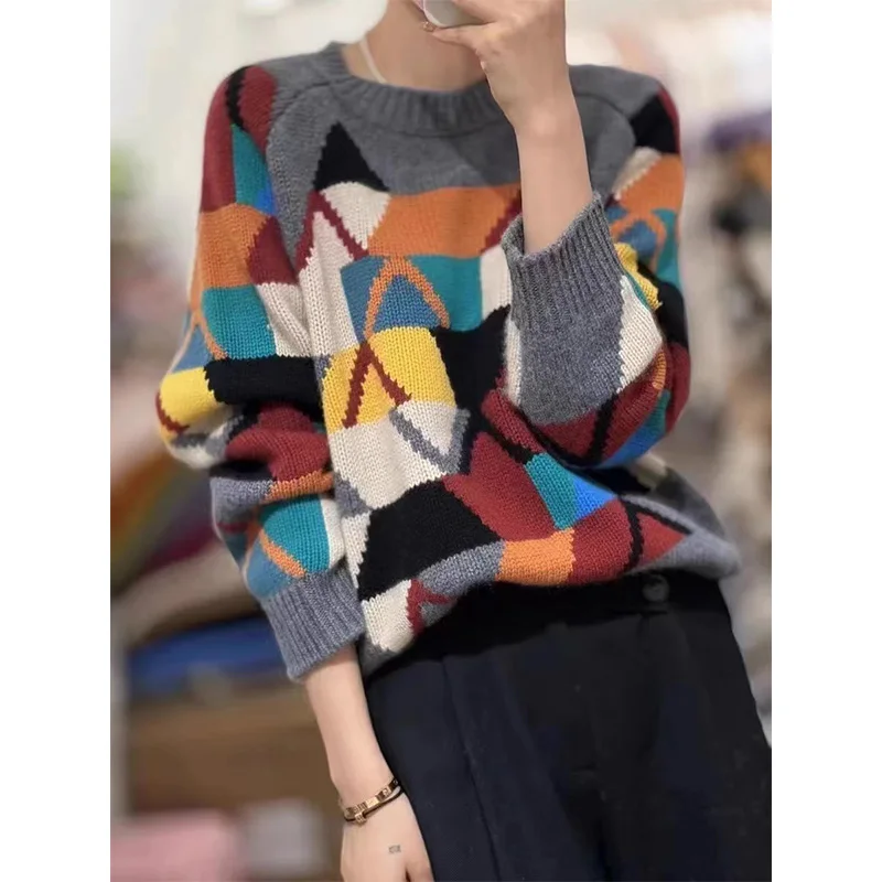 HSY-Autumn-Winter-Heavy-heavy-sweater-hand-plaid-inlaid-round-neck-long ...