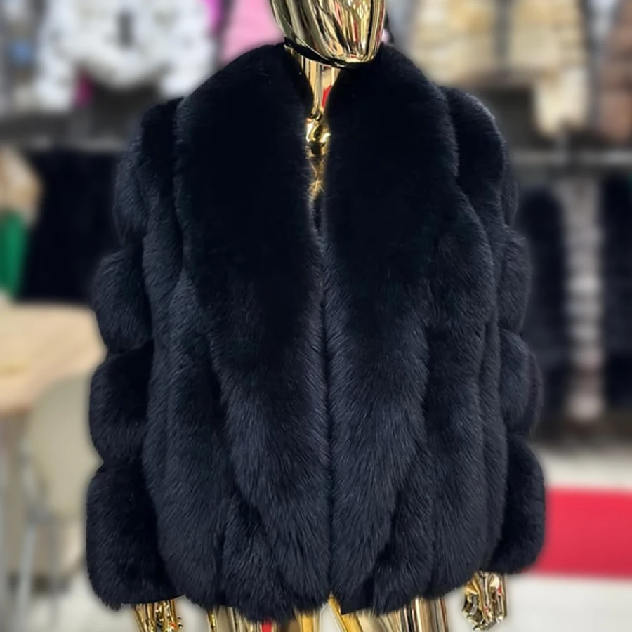 Real Fox Fur Coats With Collar Genuine Fur Outwear Woman Winter Black ...