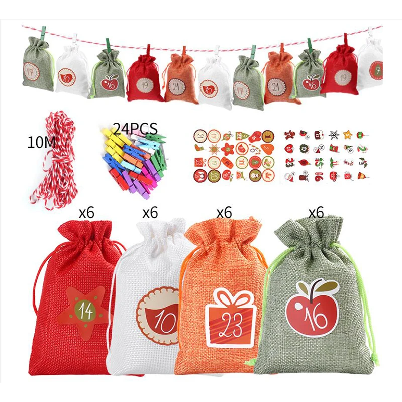 24pcs/Set DIY Christmas Advent Calendar Countdown Gift Bag Jute Pouch ...