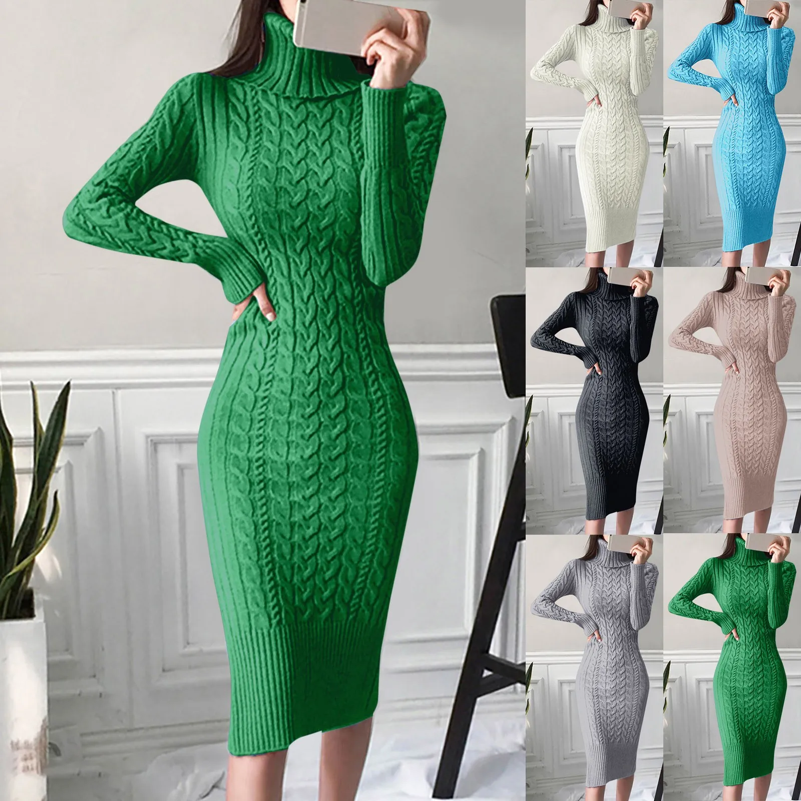 Women-s-Knitted-Dress-Turtleneck-Long-Sleeve-Slim-and-Slim-Mid-length ...