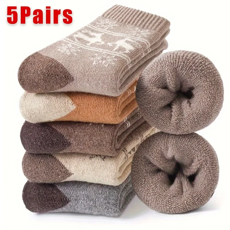 5Pairs Wool Socks Men Women Winter Snow Thermal Cashmere Thicken Fleece ...