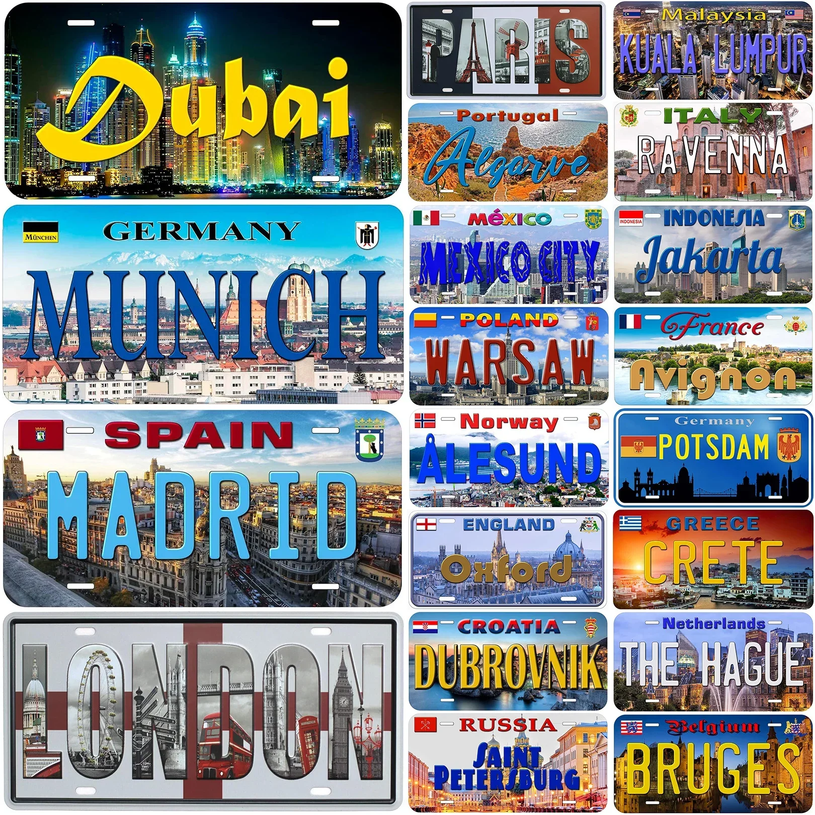 Vintage-License-Plates-Decoration-Tin-Signs-Vintage-Dubai-Munich-Madrid ...