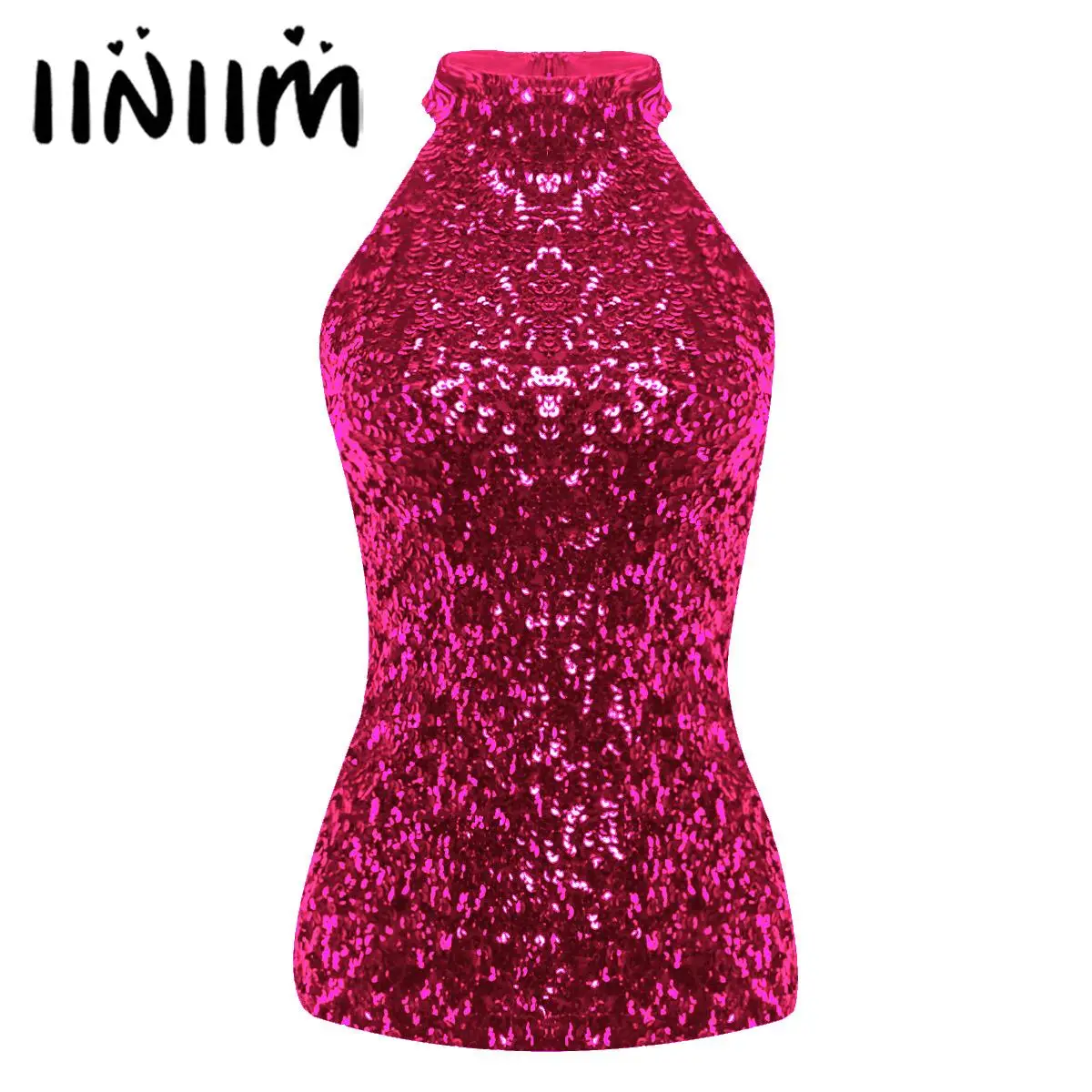 Womens Sequins Embellished Halter Neck Tanks Camis Rave Party Clubwear ...