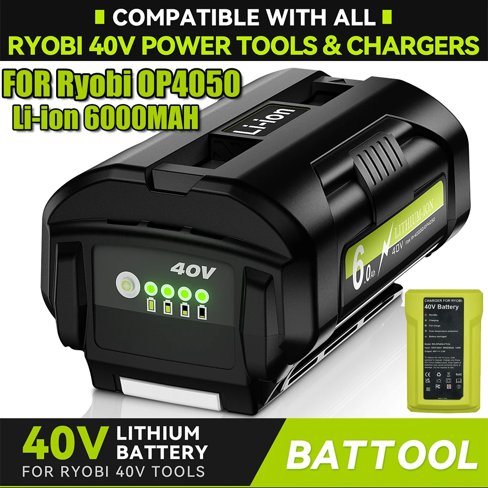 New 40V 6AH High-Power Lithium Battery, For Ryobi RY40200 Tool Battery ...