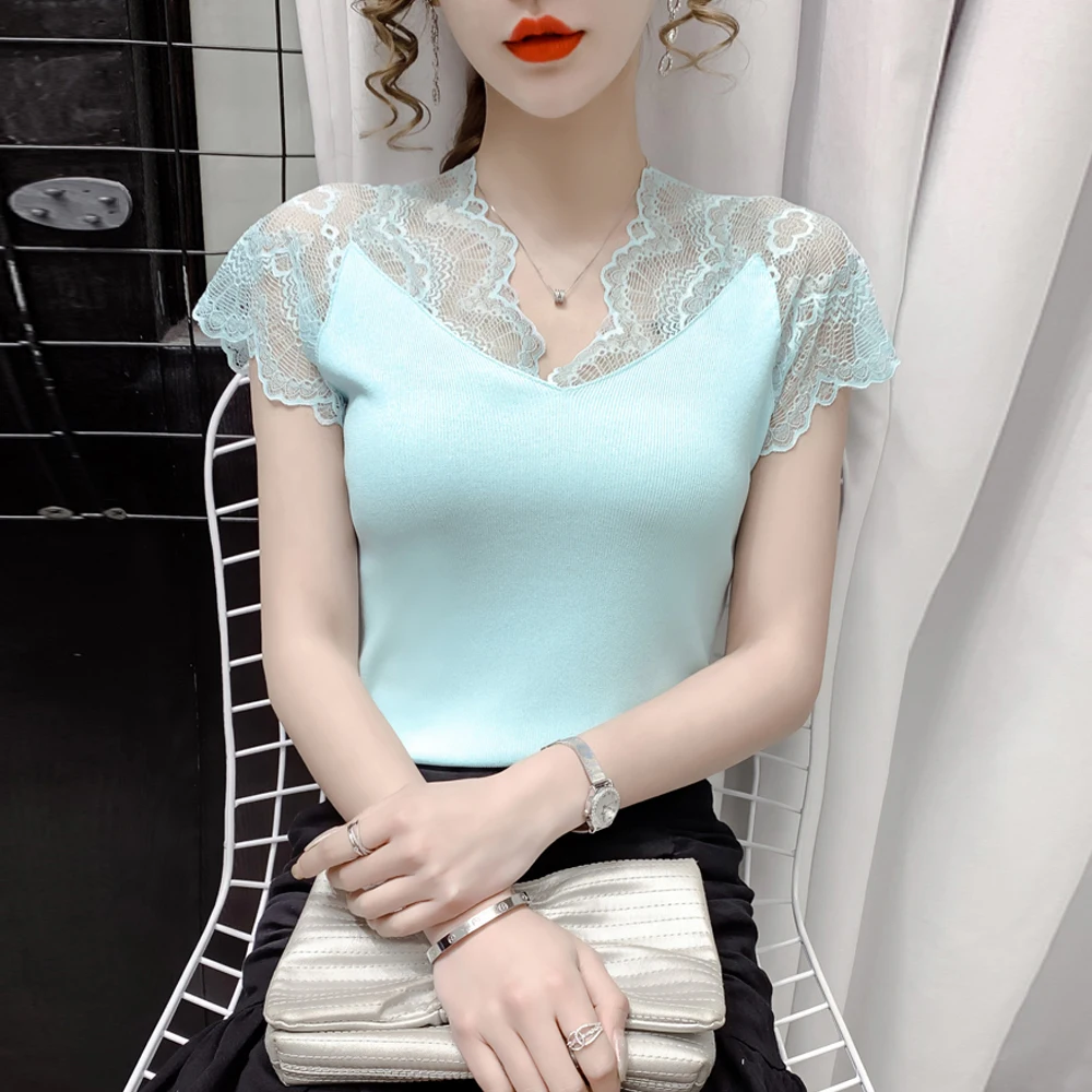 Women-Translucent-Flower-Lace-Panel-Shirt-Short-Sleeve-Blouse-Female ...