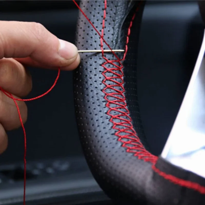 Genuine Leather Car Steering Wheel Cover with Needles Thread DIY Braid ...