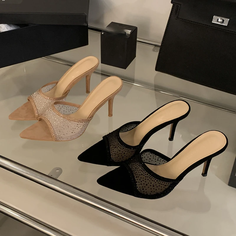 Aneikeh Pointed Toe Mesh Rhinestone Slippers Elegant Woman Heels ...