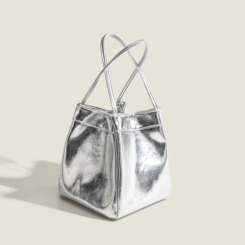 Silver-bucket-bag-for-women-2024-new-fashionable-and-simple-lunch-box ...