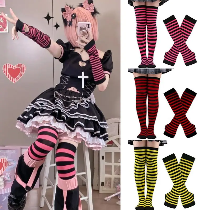 2Pair-Set-Women-Gothic-Punk-Over-Knee-Long-Stripe-Socks-Girl-Arm-Sleeve ...