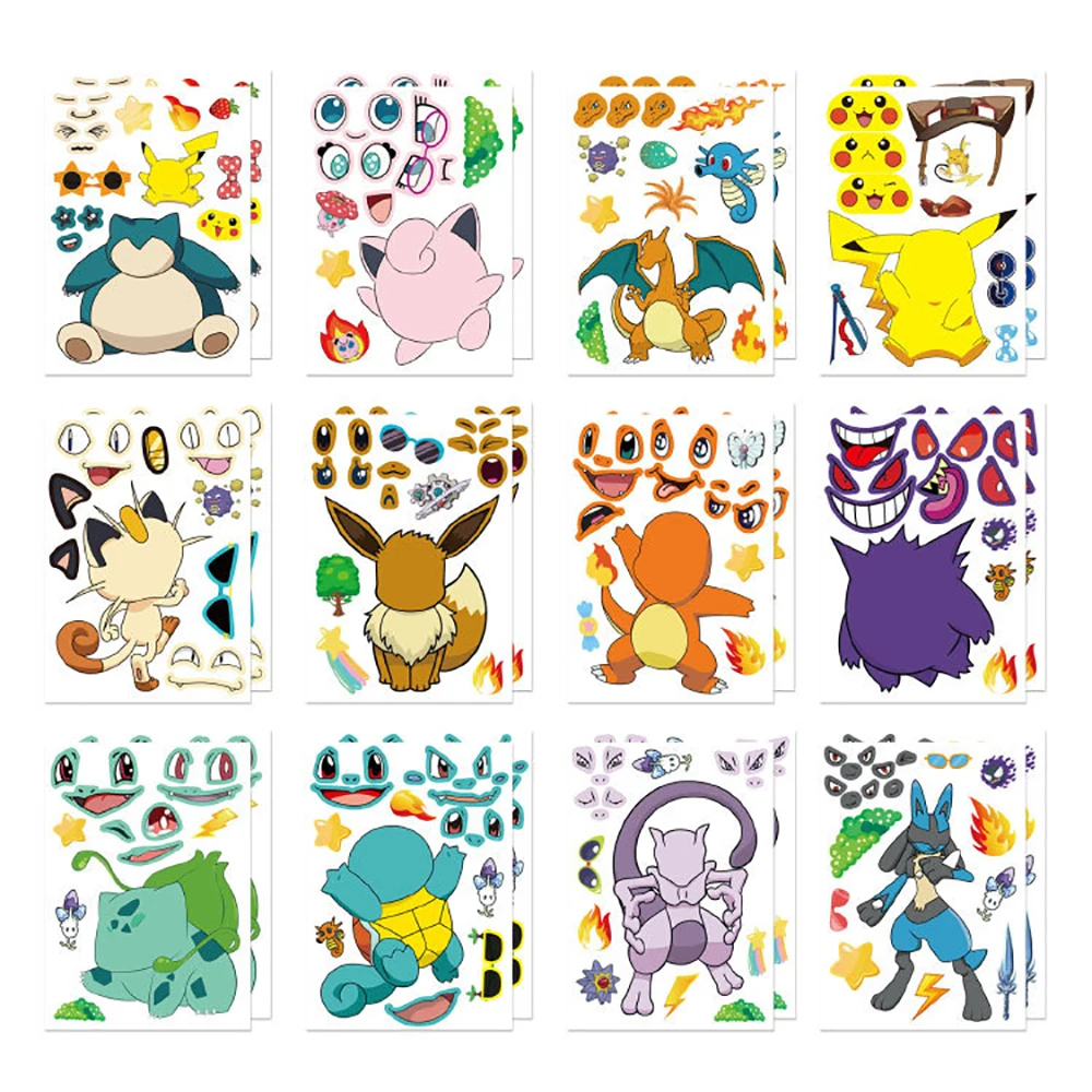 6/12Sheets Cute Pokemon Puzzle Anime Stickers DIY Make-a-Face Assemble ...