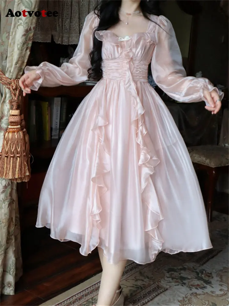 Aotvotee kare yaka Maxi elbiseler kadınlar için 2023 yeni moda fransız ...