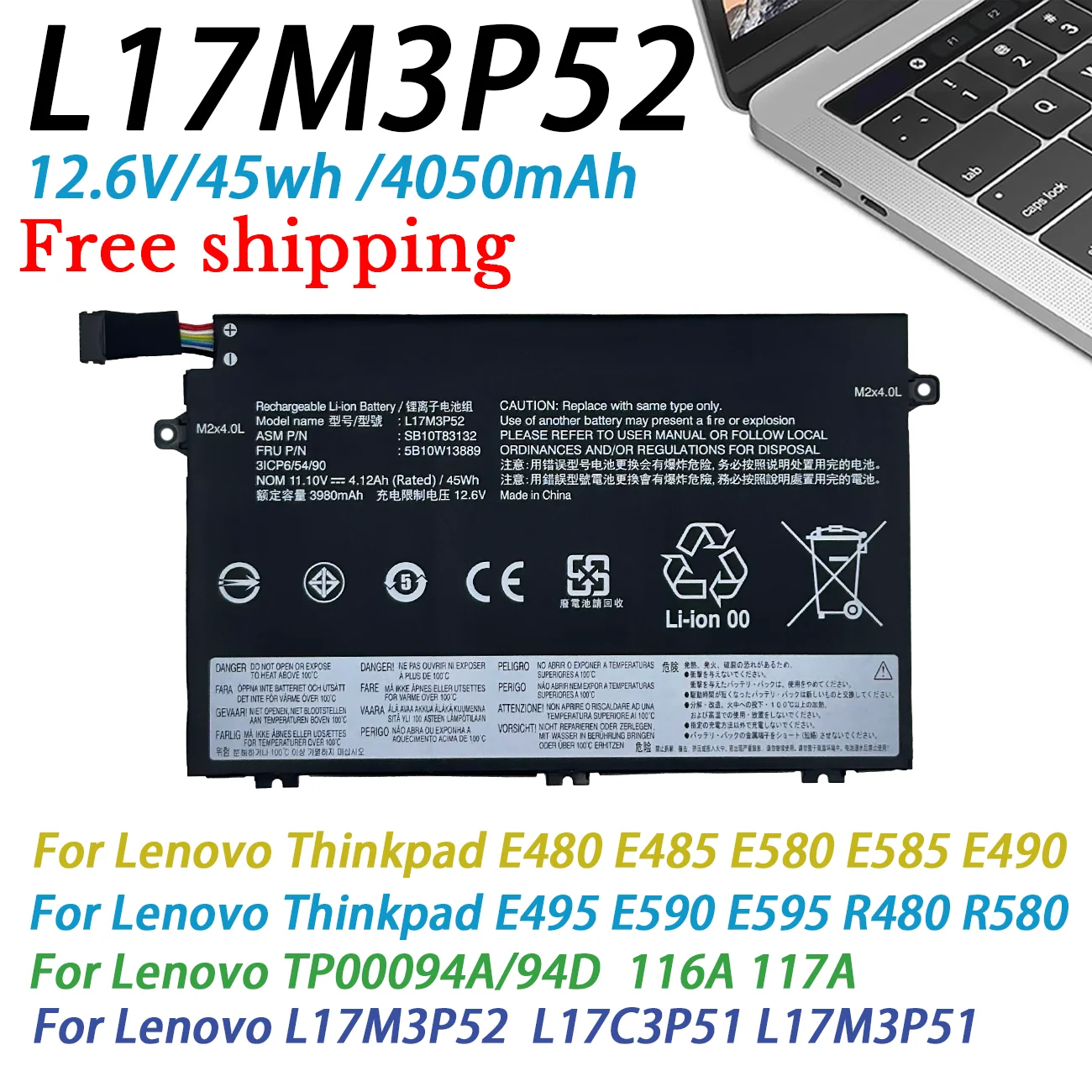 NEW-L17M3P52-New-Laptop-battery-for-Lenovo-Thinkpad-E480-E490-L17C3P51 ...