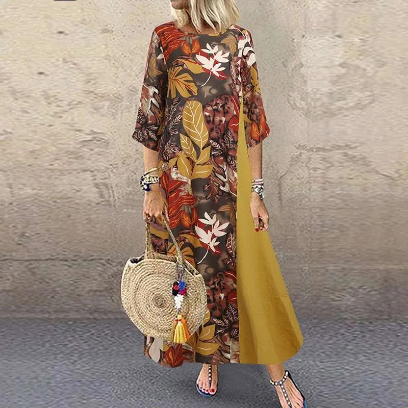 Vestido-maxi-com-estampa-floral-vintage-feminino-robe-casual-em-retalho ...