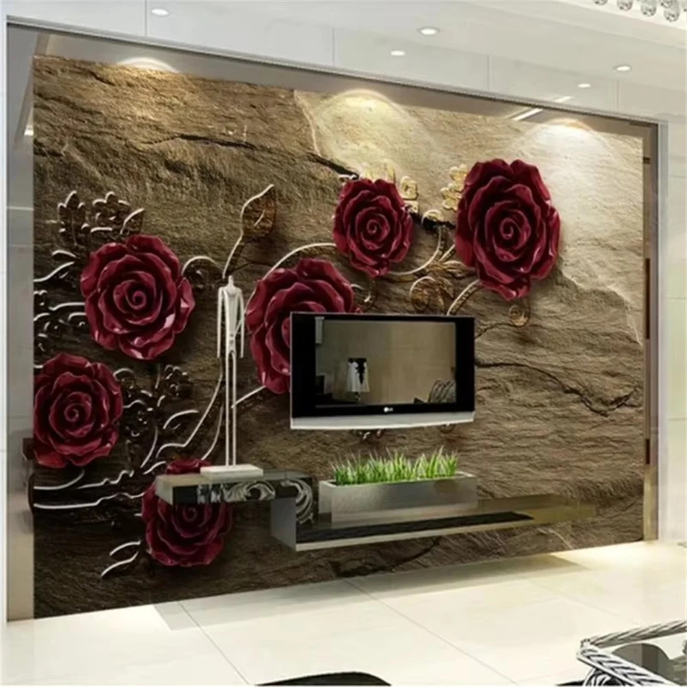 Custom wallpaper 3d mural relief rose flower sandstone sofa background ...