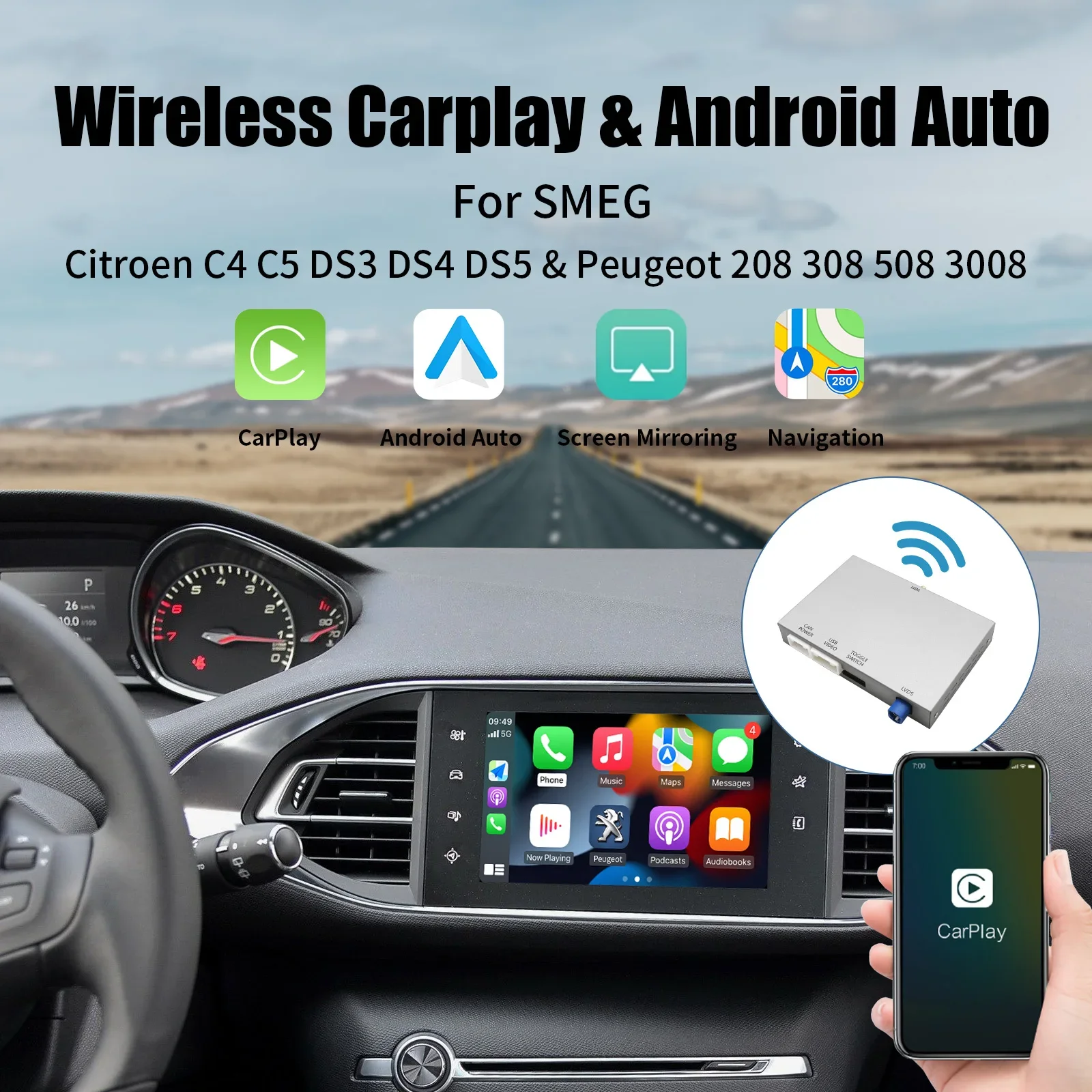 AUTOABC Wireless Carplay Android auto for Peugeot SMEG 208 308 508 3008 ...