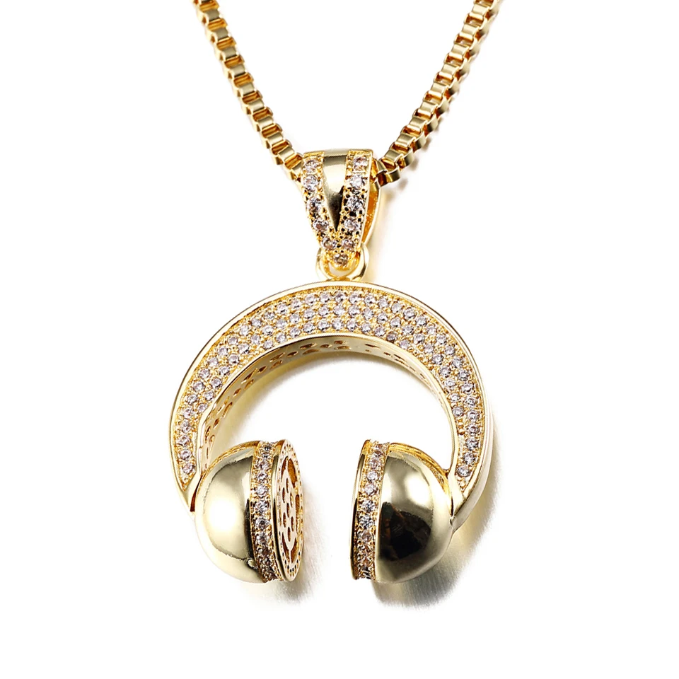 VANAXIN Music Headphone Pendant Necklace for Men Women 14k Gold Plated ...