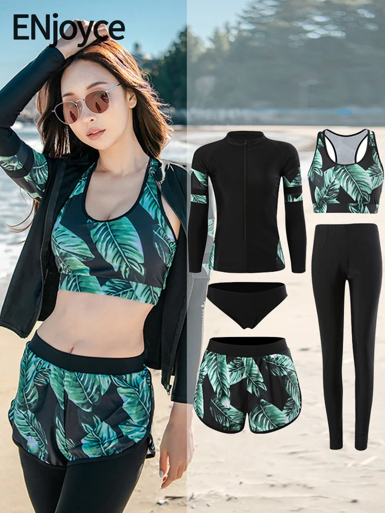 Women-Long-Sleeve-Rash-Guard-Print-Five-Pieces-Swimsuit-Zipper-Swimwear ...