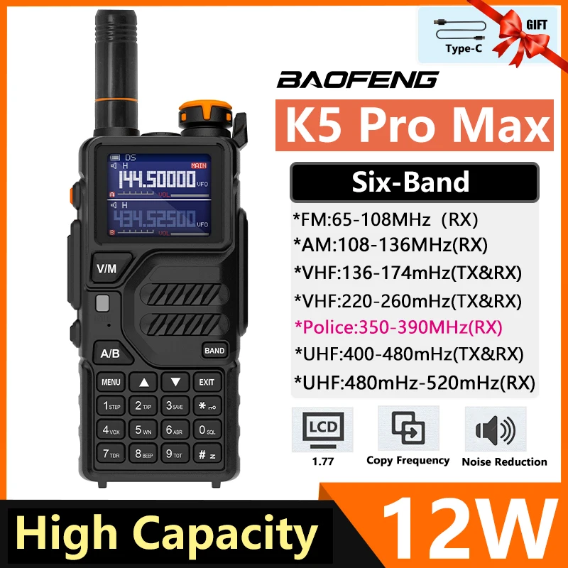 Baofeng K5 Pro Max Walkie Talkie 12W High Capacity UHF VHF AM FM Two Way Radio UVK5 Full Band ...