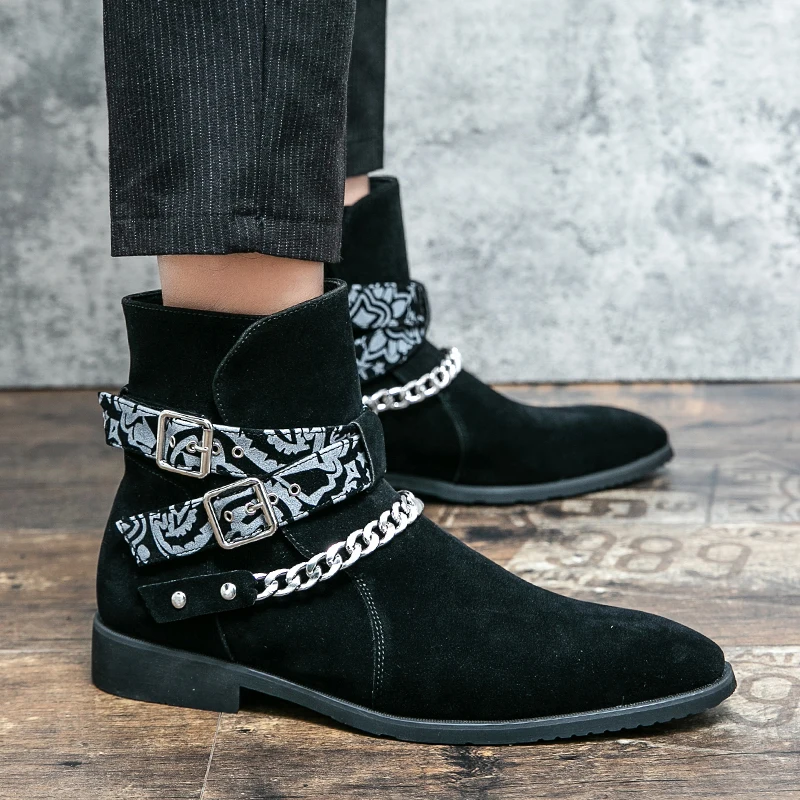 Black Men Short Boots Brown Flock Buckle Strap Round Toe Ankle Boots ...