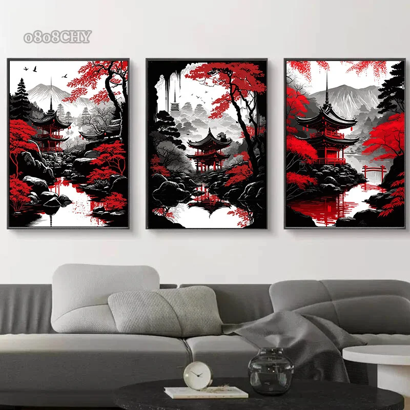 Black and Red Japanese Landscapes Canvas Painting Print HD Posters ...