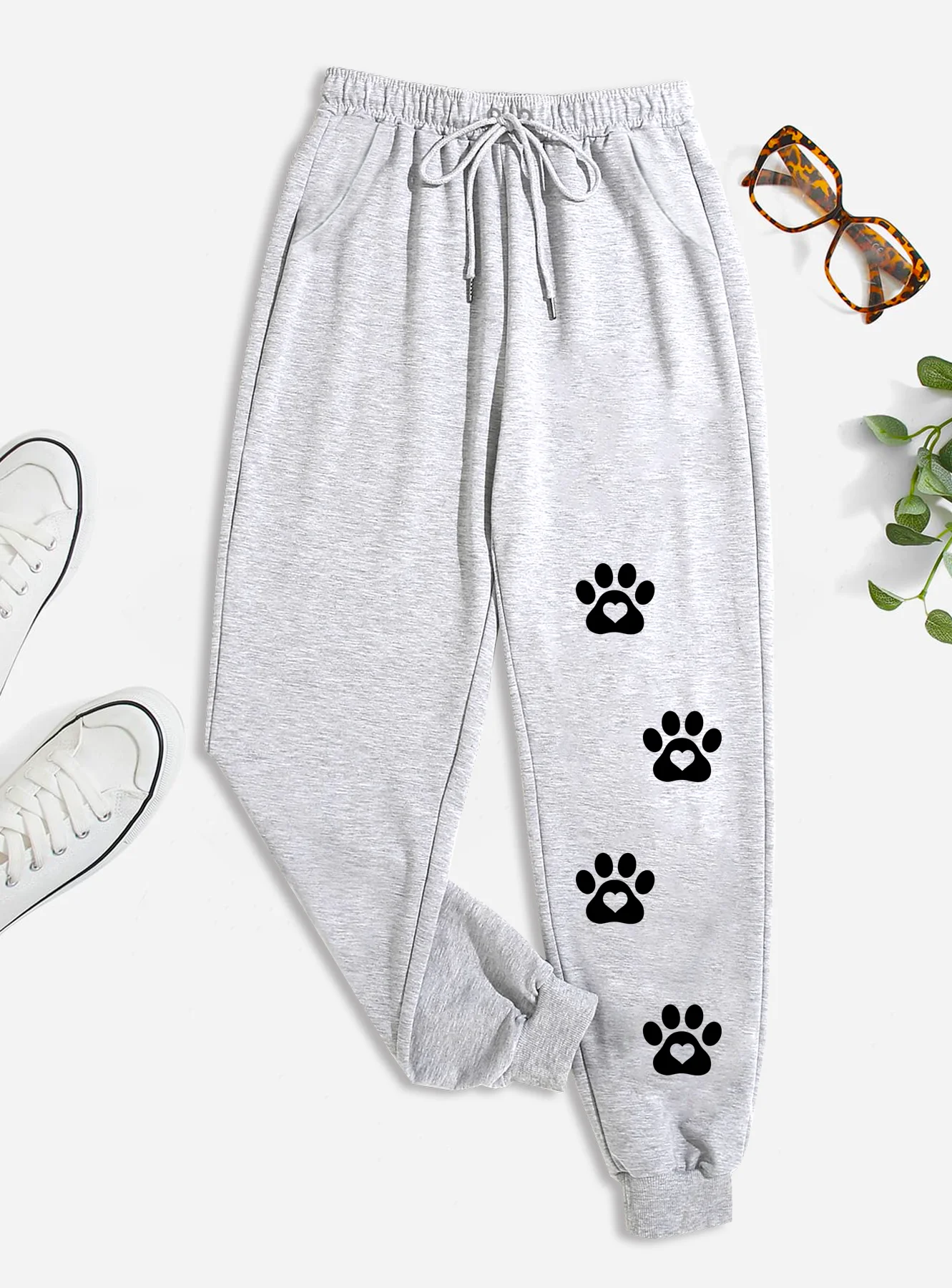 Dog-paw-printed-solid-color-jogging-pants-high-waisted-casual-daily ...