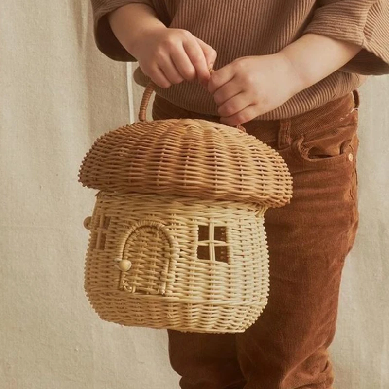 Mushroom Basket Rattan Wicker Bag Hand Woven Storage Baskets Beach ...