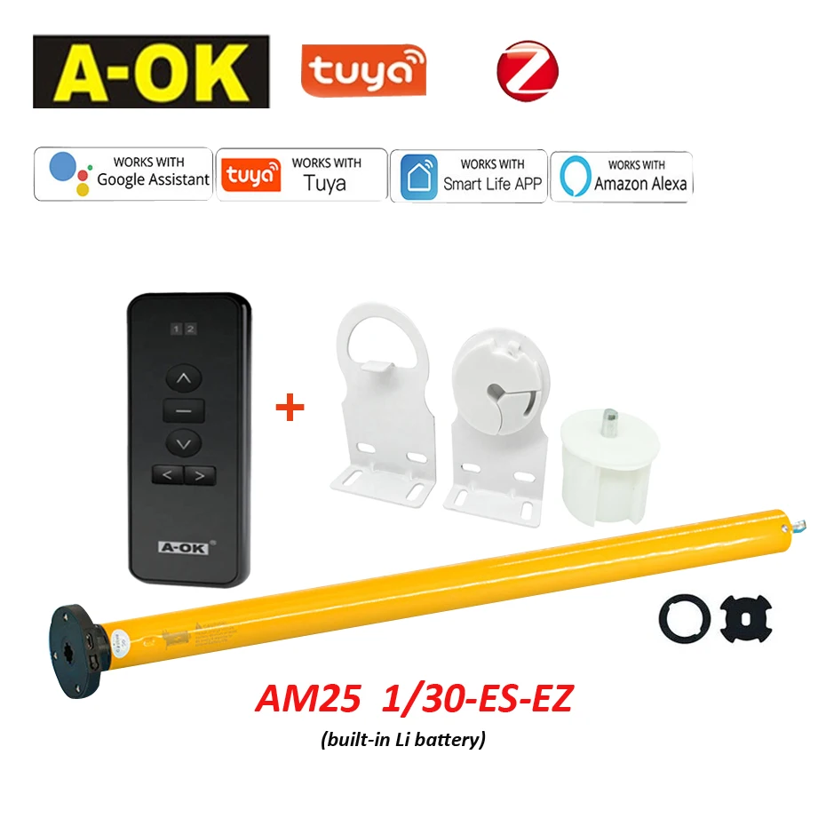 Motor Tubular inteligente A-OK AM25 Tuya Zigbee, persiana enrollable remota RF433, batería Li ...