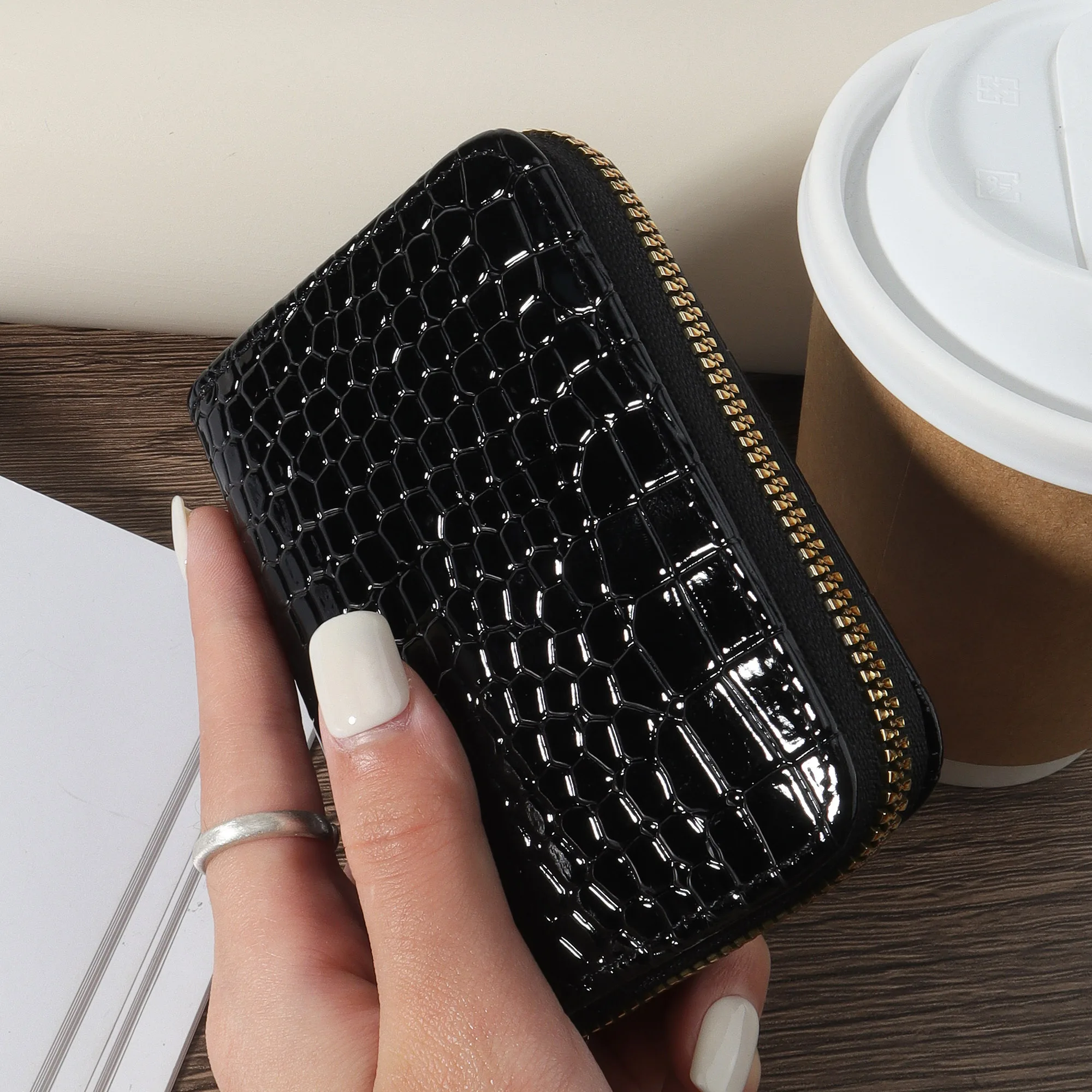New leather women's card case, short zippered wallet, credit card ...