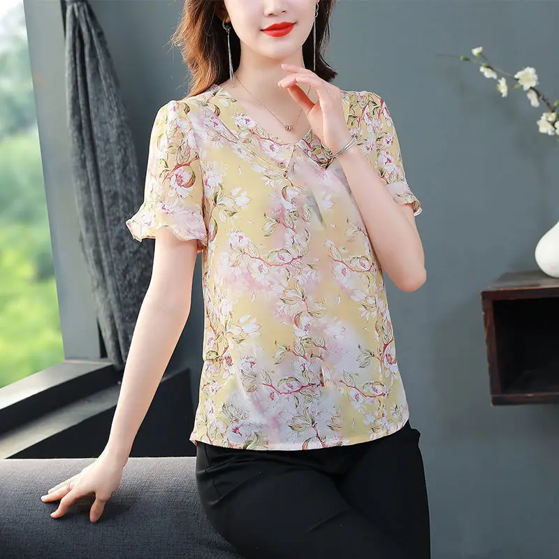 Female-Clothing-Turn-down-Collar-Fragmented-Chiffon-Shirt-Women-s-Short ...