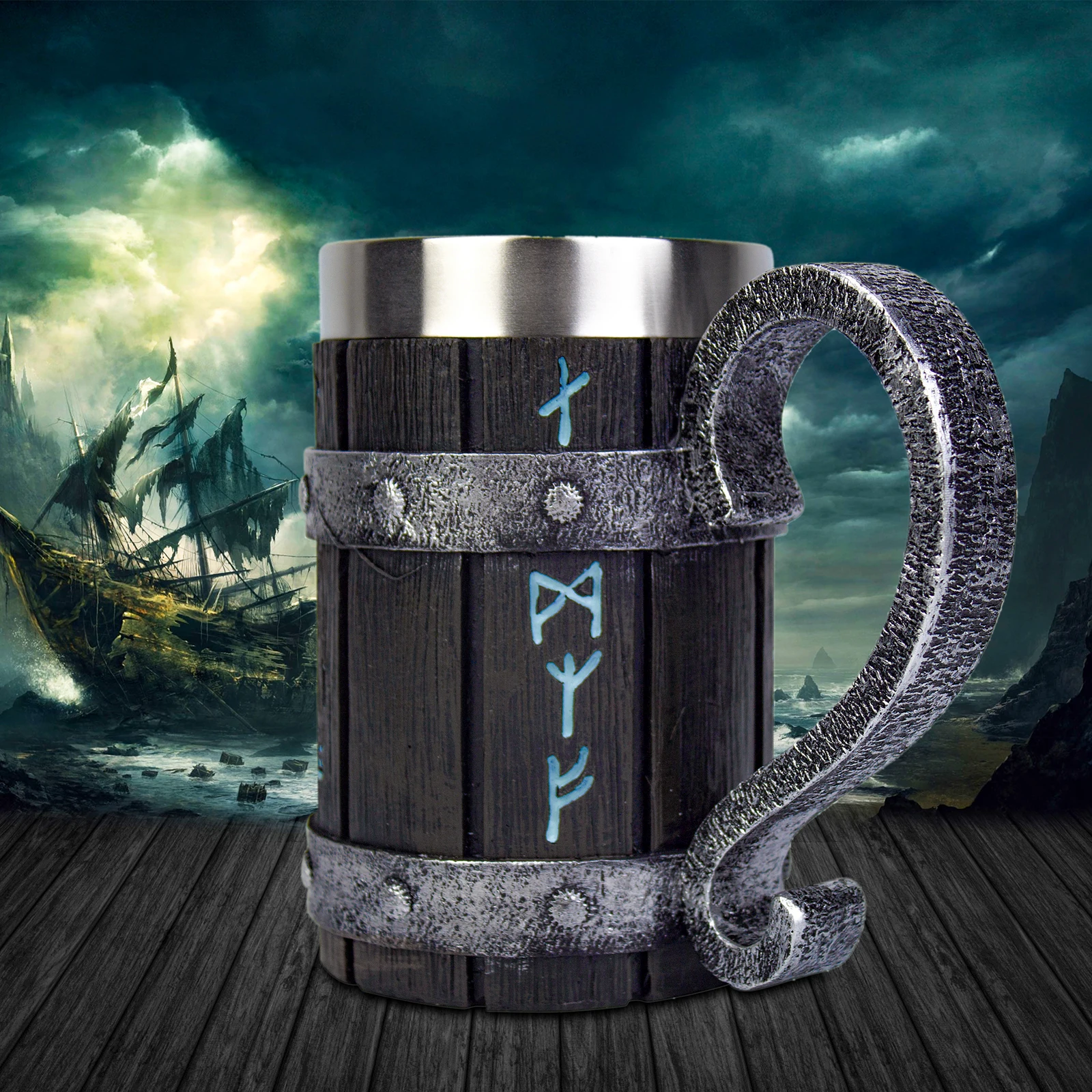 Nordic-Viking-Rune-Mug-Tankard-Stainless-Steel-Wooden-Resin-3D-Norse ...