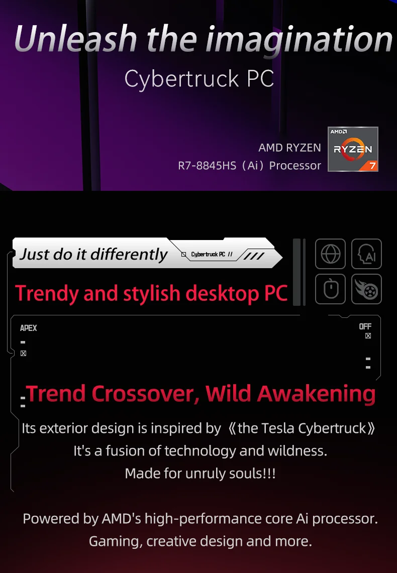 Buy Cybertruck Mini PC, AMD Ryzen 7 8845HS, RAM 16GB, SSD 1TB, Radeon ...