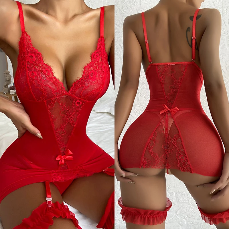 Lencería Sexy transparente roja para mujer, ropa interior erótica caliente, disfraz Sexy de ...