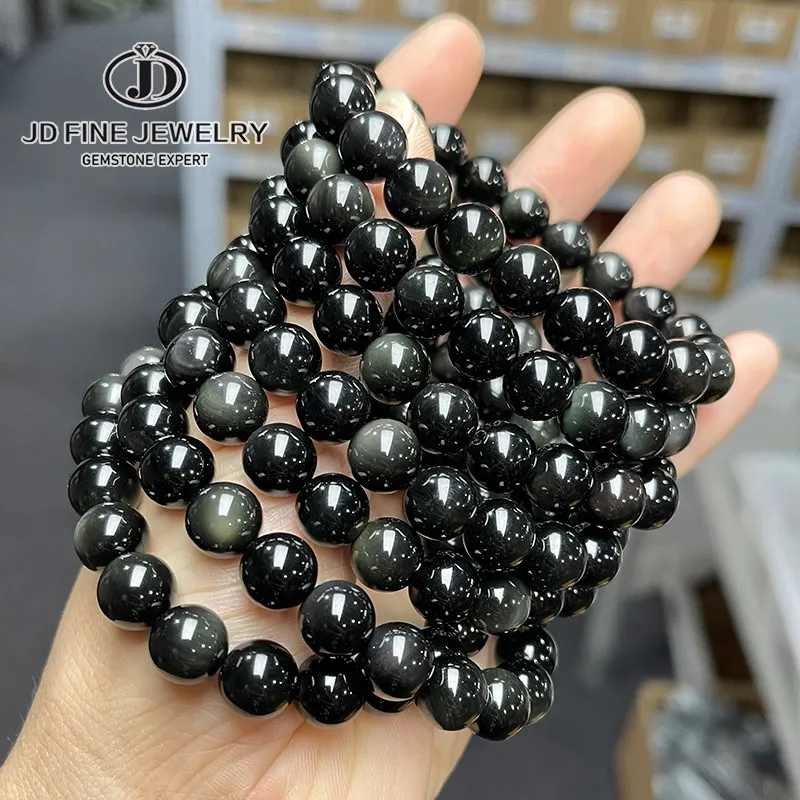 JD 5A Natural Stone Golden Black Obsidian Round Bead Bracelets Women ...