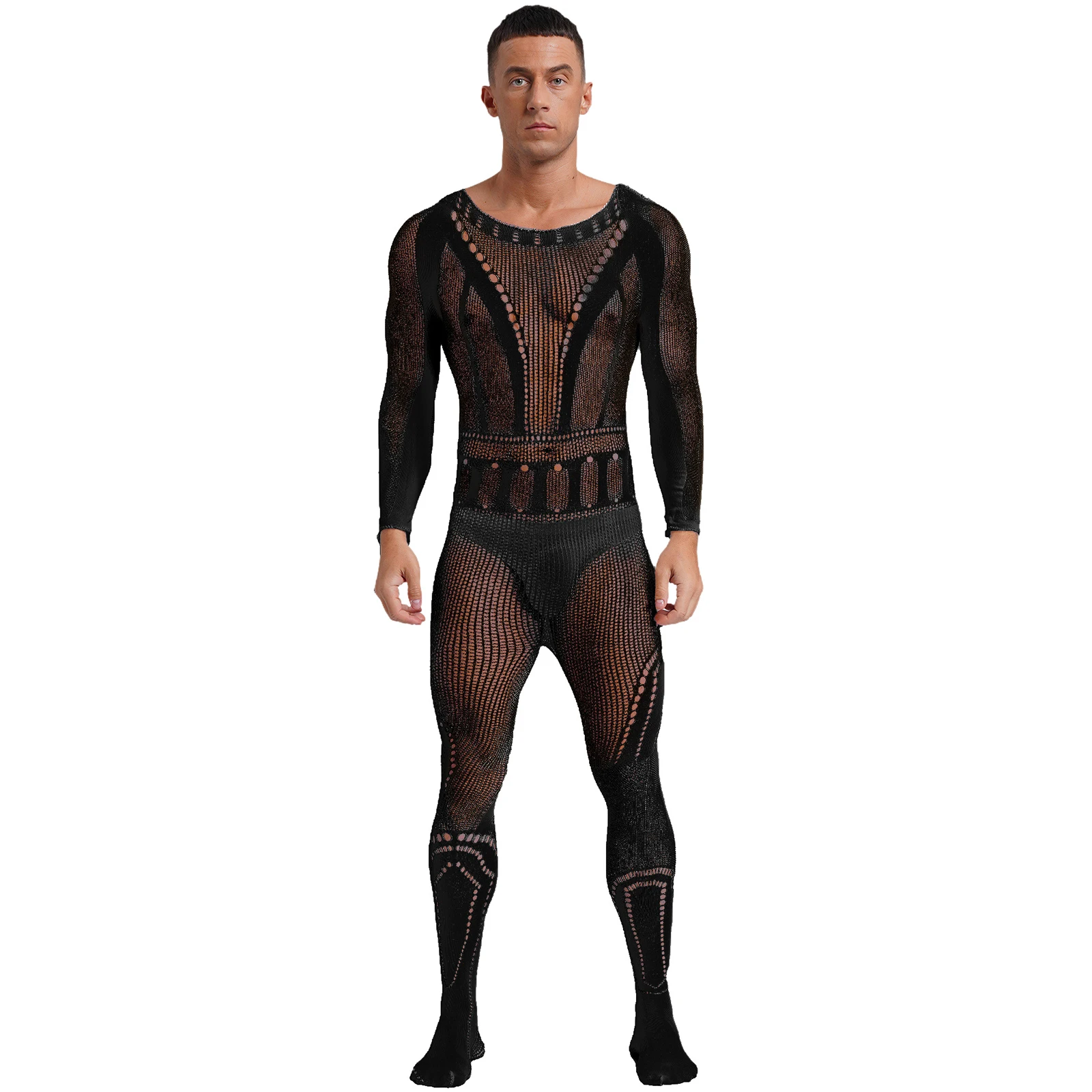 Mens-Lingerie-Hollow-Out-Long-Sleeve-Bodysuit-See-through-Fishnet ...