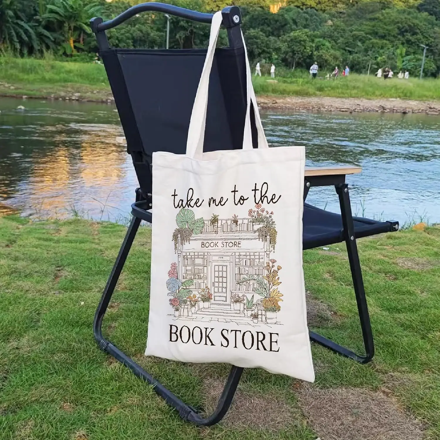 Vintage Literature Beige Canvas Shoulder Bag with Bookstore Plant ...