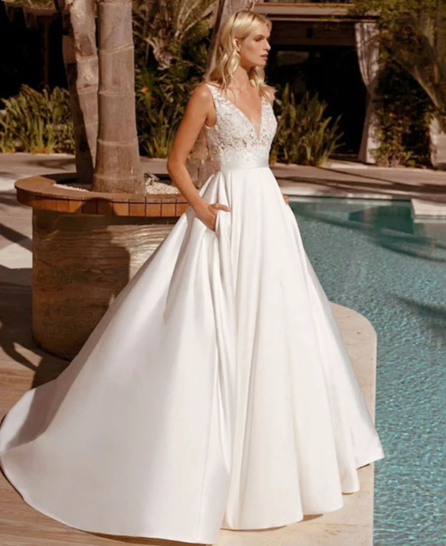 Empire Bride Gown Pocket Sleeveless vestido De Noiva Beach V-neck ...