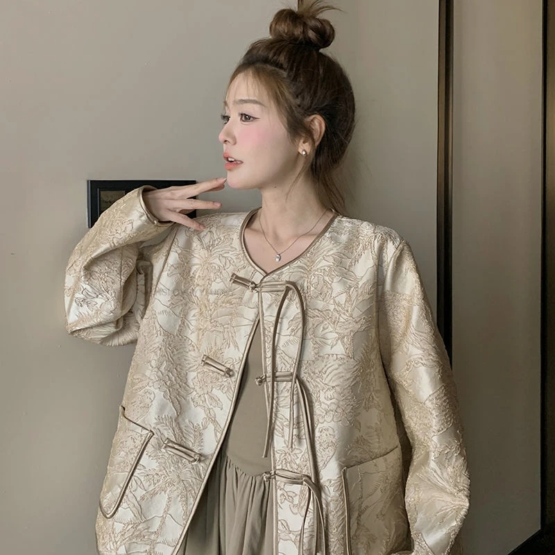 New chinese-style Tassels Disc Button Gold Jacquard Jacket Women Spring ...