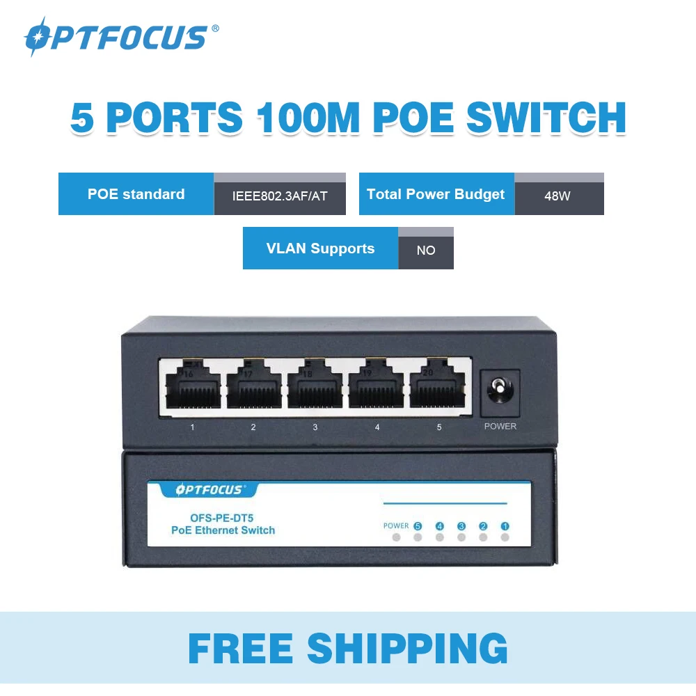 OPTFOCUS Frete Grátis 48W POE Active Ethernet Switch 802.3af 802.3at ethernet hub splitter shunt ...