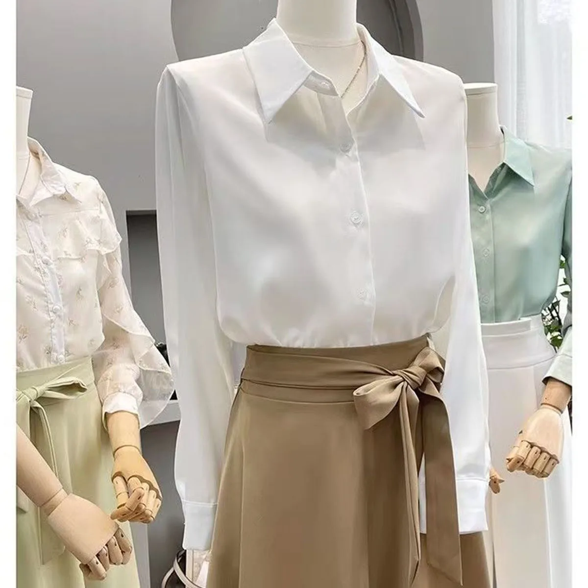 Blusa-de-gasa-de-manga-larga-para-mujer-camisa-de-Color-s-lido-ropa-de ...