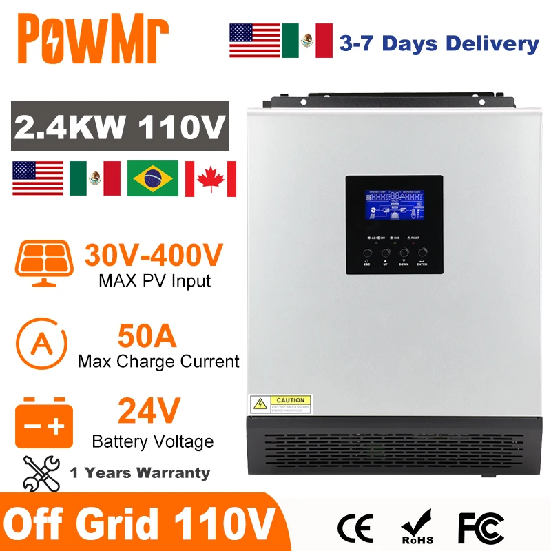 US MX Warehouse PowMr 2400W Hybrid Solar Inverter 24V 110V Pure Sine Wave Off Grid Inverter with ...