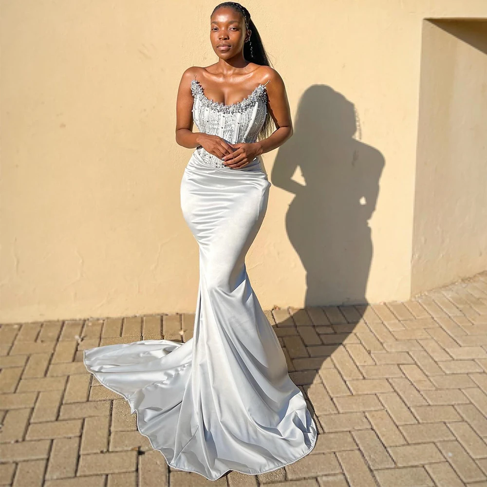 Silver Mermaid Prom Dresses for Black Girls Strapless Corset Sweep ...