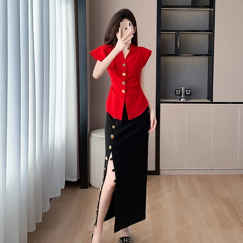 Elegant-Summer-Party-Two-Piece-Set-Fashion-Women-V-Neck-Sleeveless-Red ...