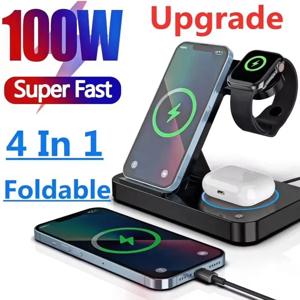 100W 4 in 1 Wireless Charger Stand For iPhone 14 13 X Samsung Apple ...