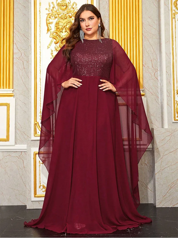 S-7xl-Round-Neck-Burgundy-Shawl-Long-Luxury-Floor-Length-Sequin-Evening ...