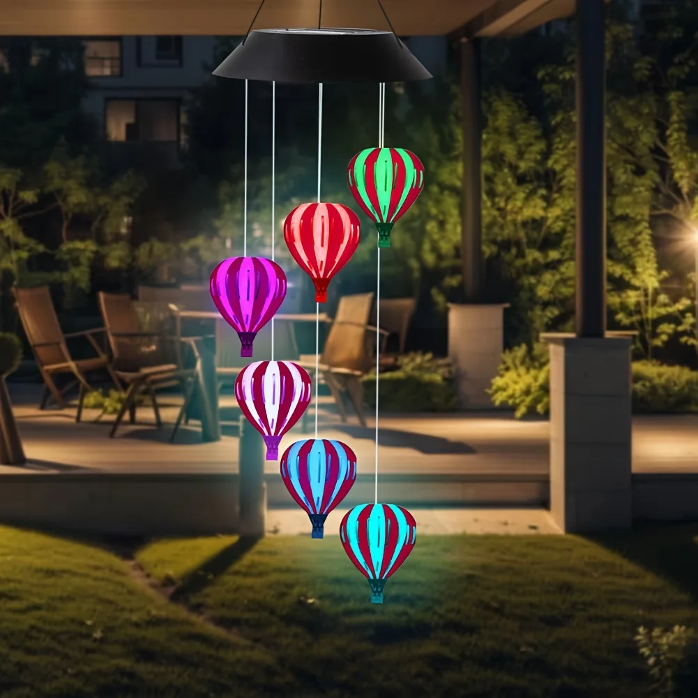 Solar Hot Air Balloon Wind Chime Light - Colorful Wrought Iron Outdoor ...