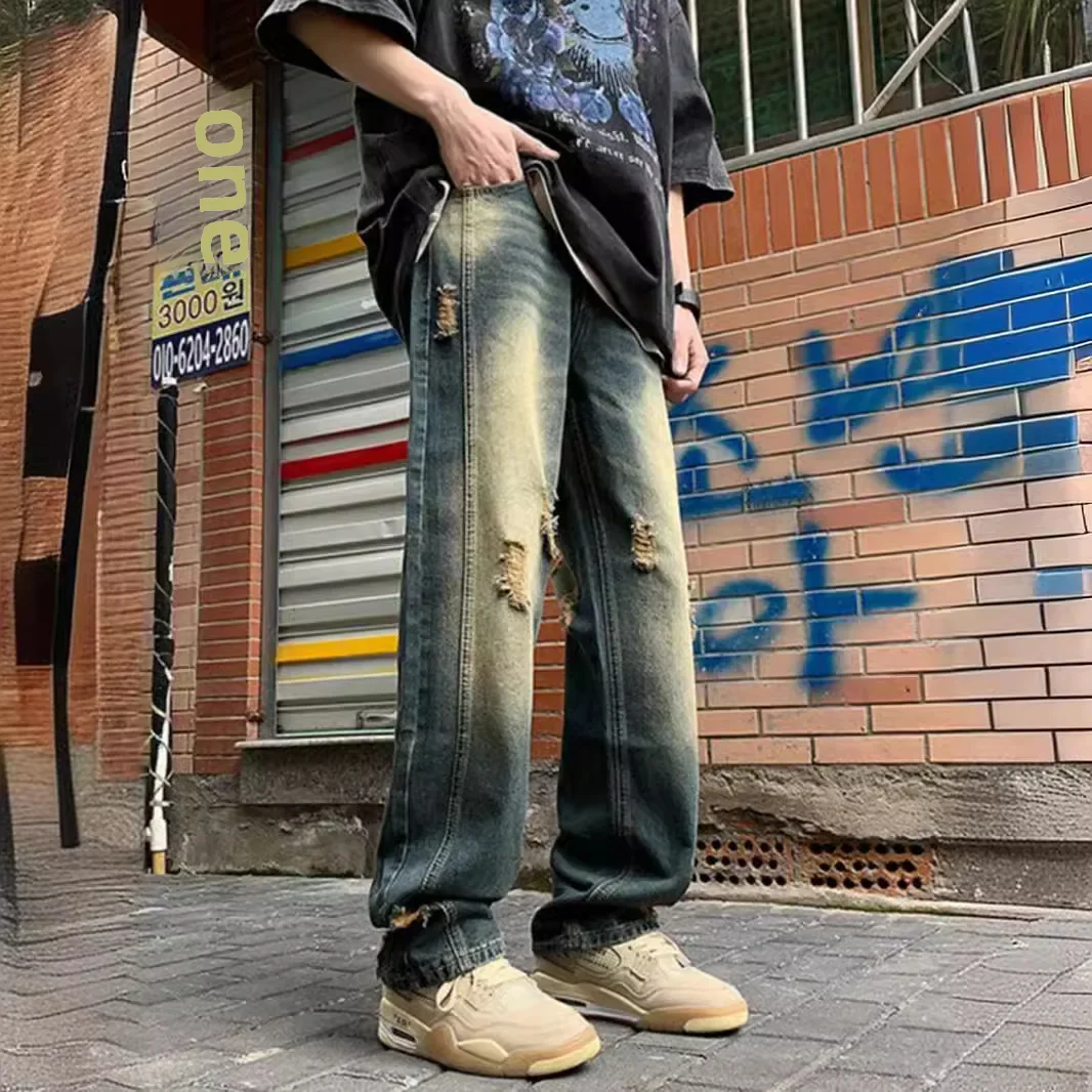 American-Style-Vintage-Ripped-Jeans-Men-s-Straight-leg-Loose-fit-High ...